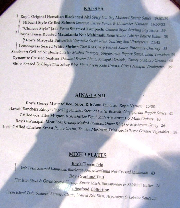 Roy's Menu Maui Restaurant