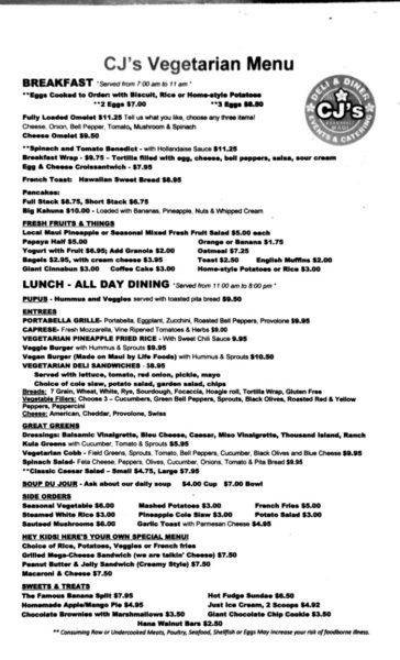 CJ's Deli & Diner - Restaurant in Kaanapali - Menu
