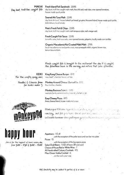 Monkeypod Kitchen Kaanapali Menu - Maui Hawaii